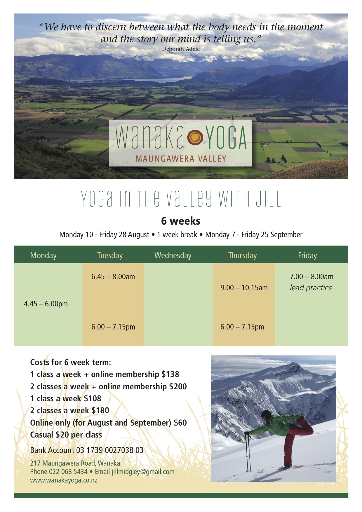 August – September Timetable – Wanaka Yoga